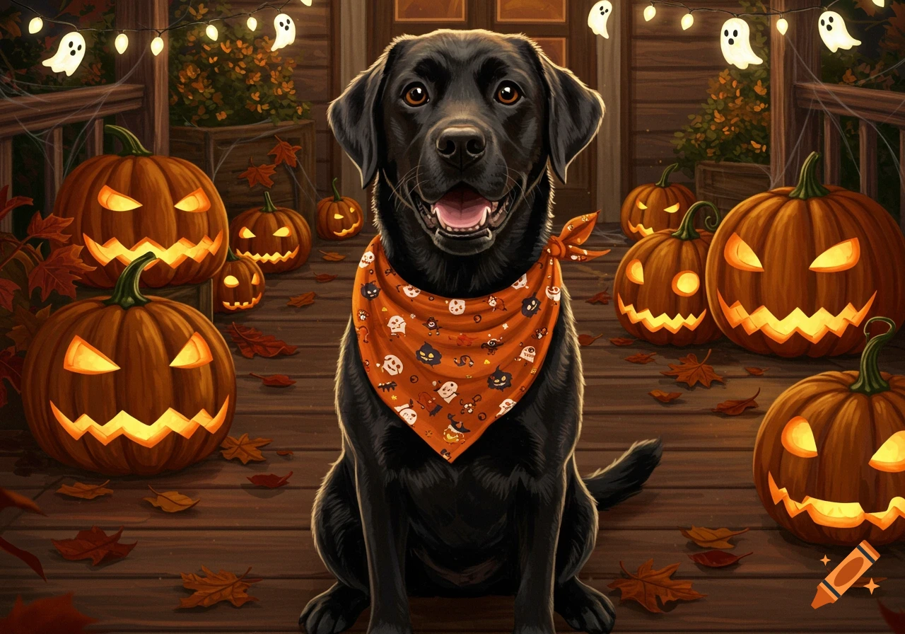 Black labrador dog sits on a porch with an orange Halloween bandana ...