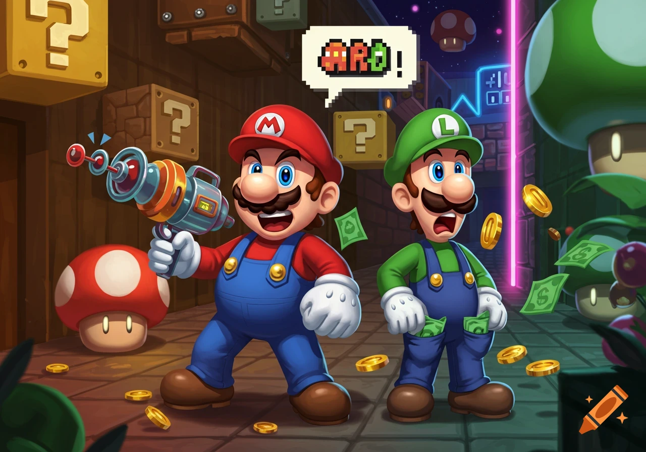 Cartoon Mario holds a ray gun while Luigi looks shocked as money flies ...