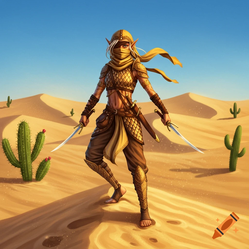 A stylized illustration of a female desert elf fighter in golden armor ...