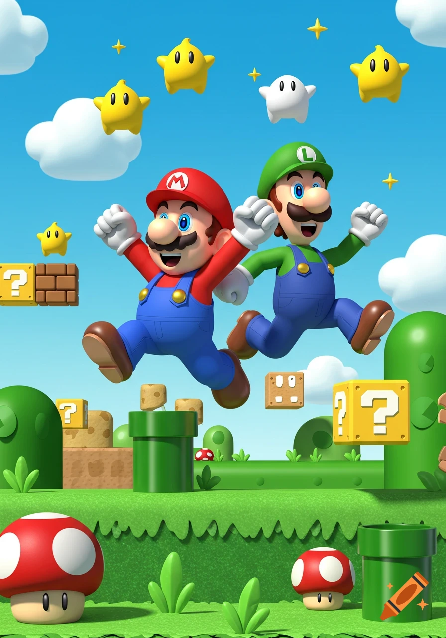 Mario and Luigi jump through a vibrant Super Mario level with blocks ...