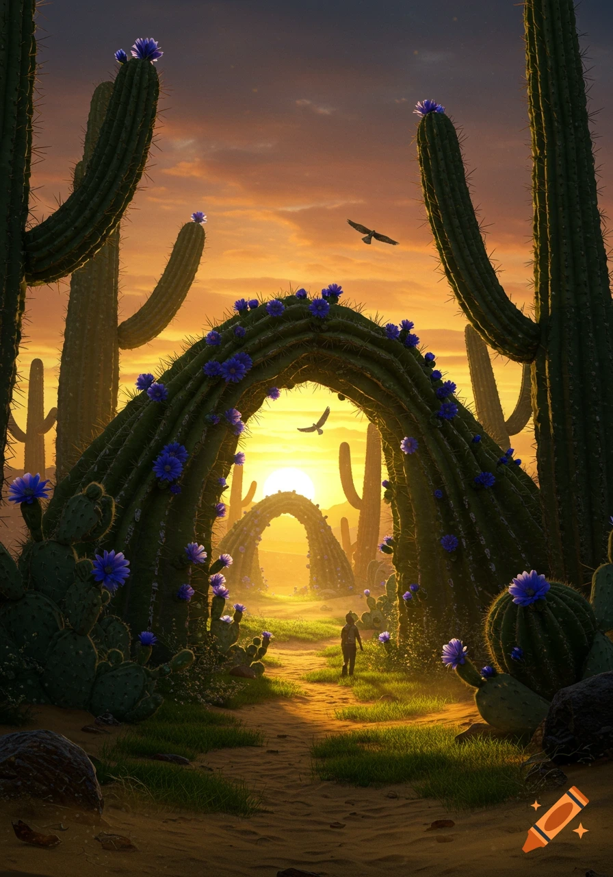 A person walks through a desert landscape at sunrise, passing under ...