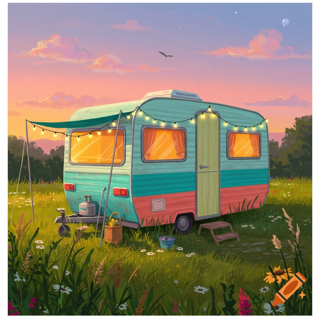 A colorful, stylized caravan with string lights parked in a grassy ...