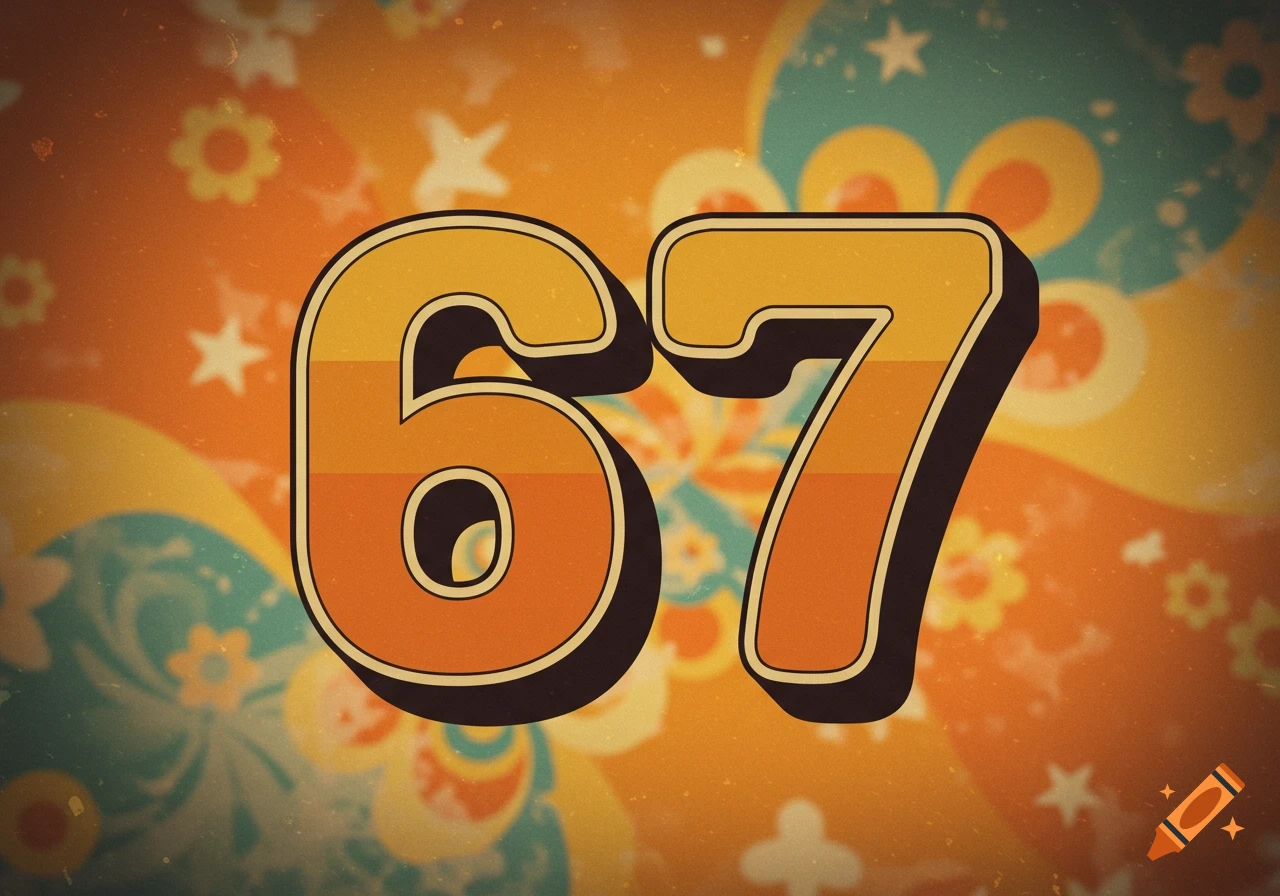 The number 67 in a bold, retro 70s font, set against an abstract ...