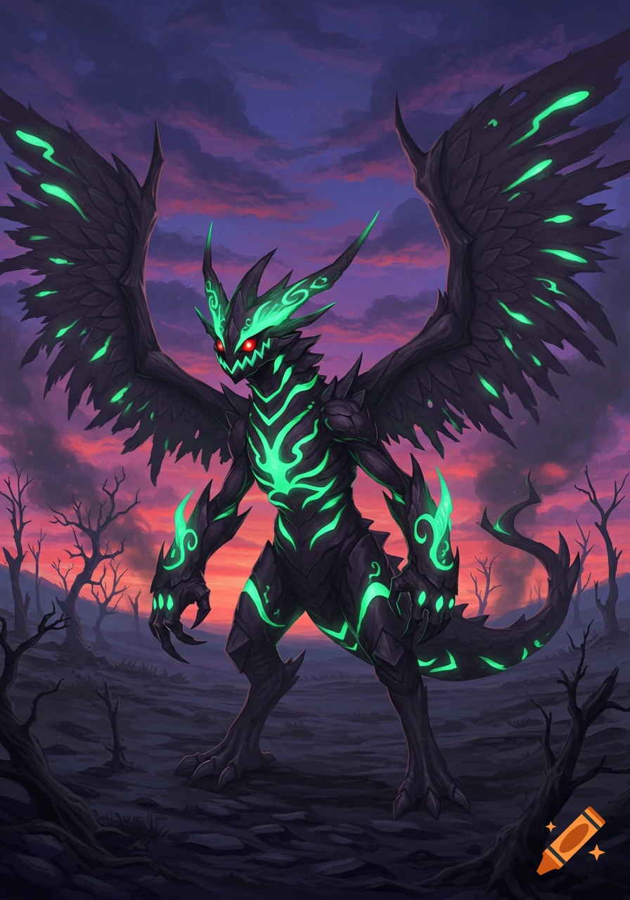 A dark, winged monster with glowing green patterns and red eyes stands ...