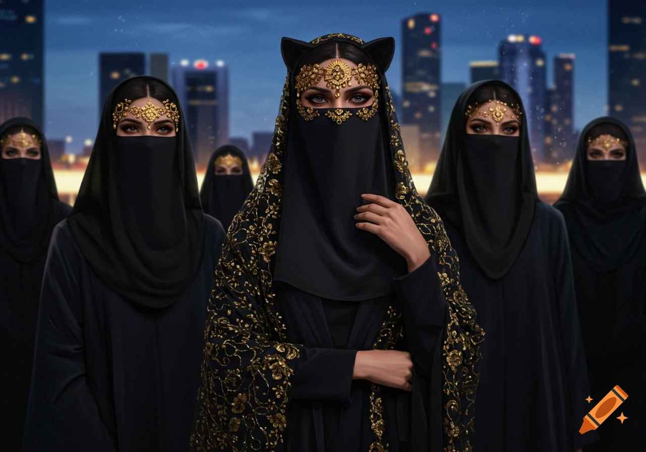 Multiple women in black burqas with ornate golden headpieces, one with ...