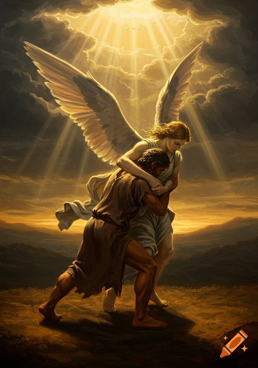 An angel with large wings embraces a man under dramatic golden light ...