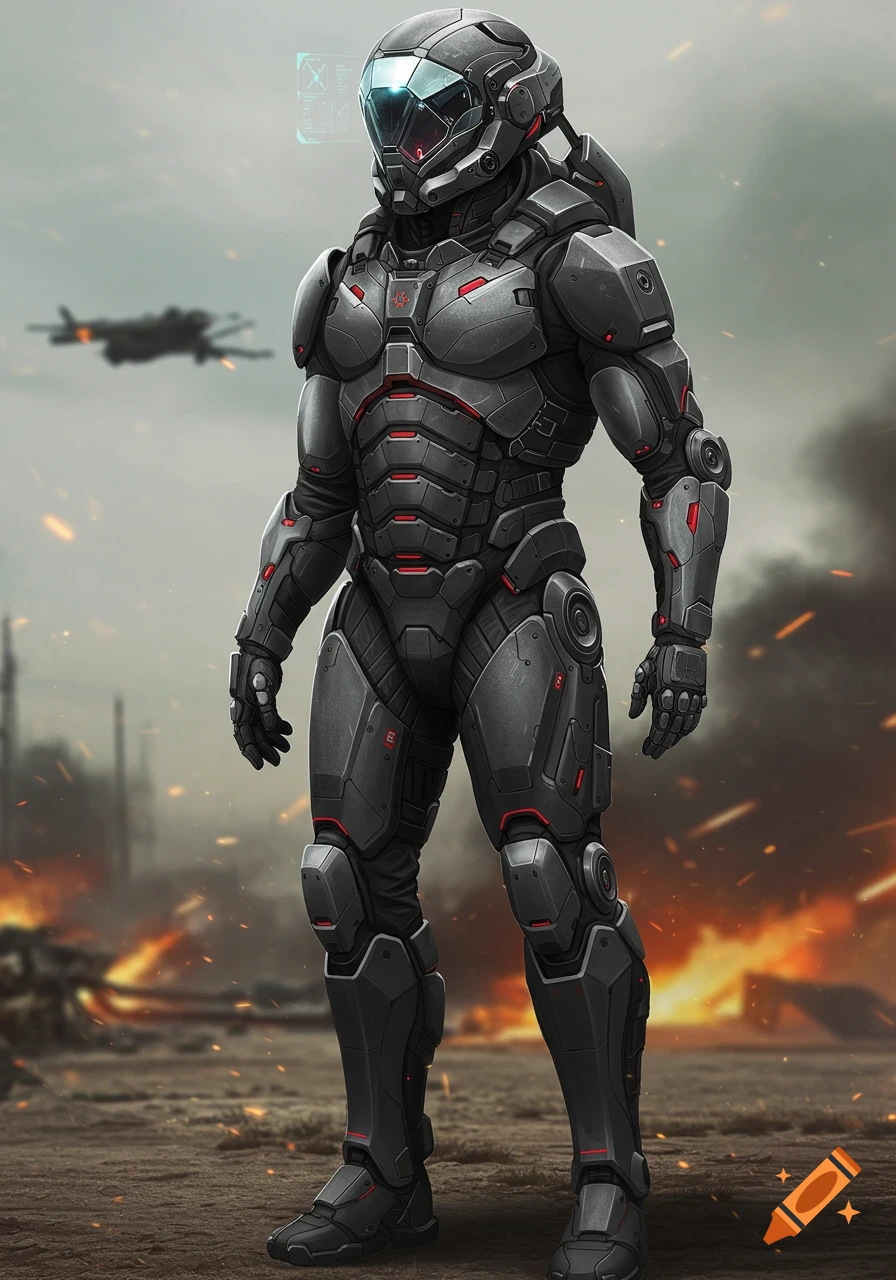 A full-body image of a futuristic soldier in dark gray and red armored ...