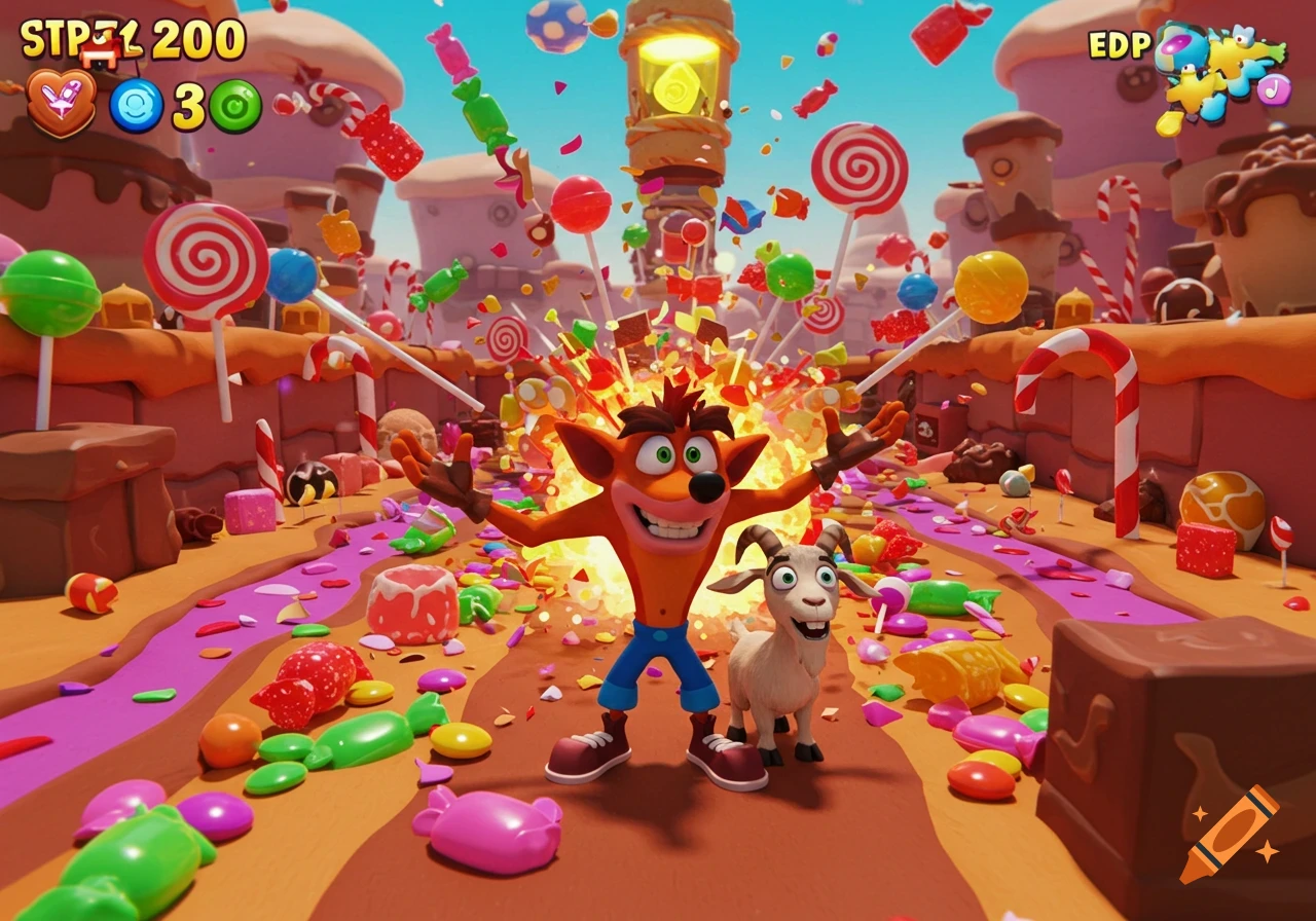A cheerful Crash Bandicoot-like character and a happy goat in a vibrant ...