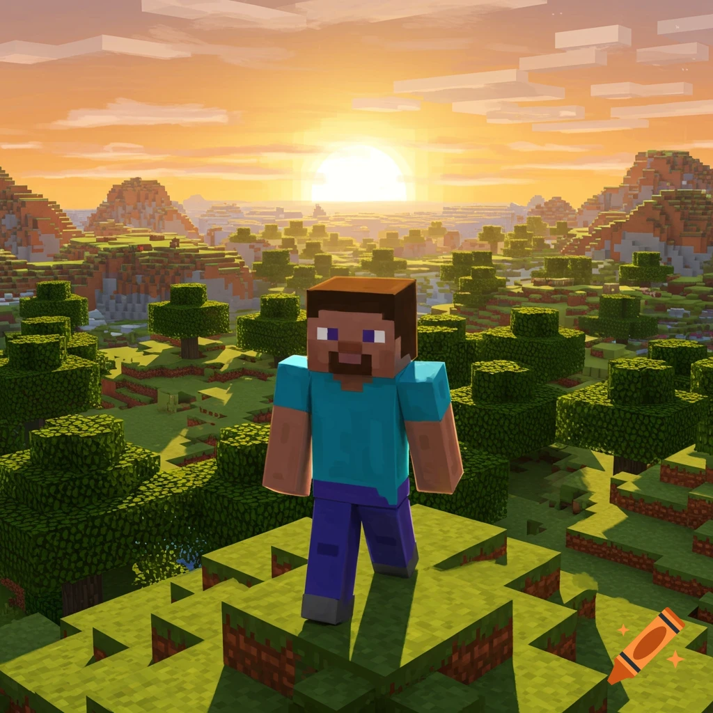 Minecraft Steve stands on a grassy block at sunset in a blocky landscape with mountains and ...