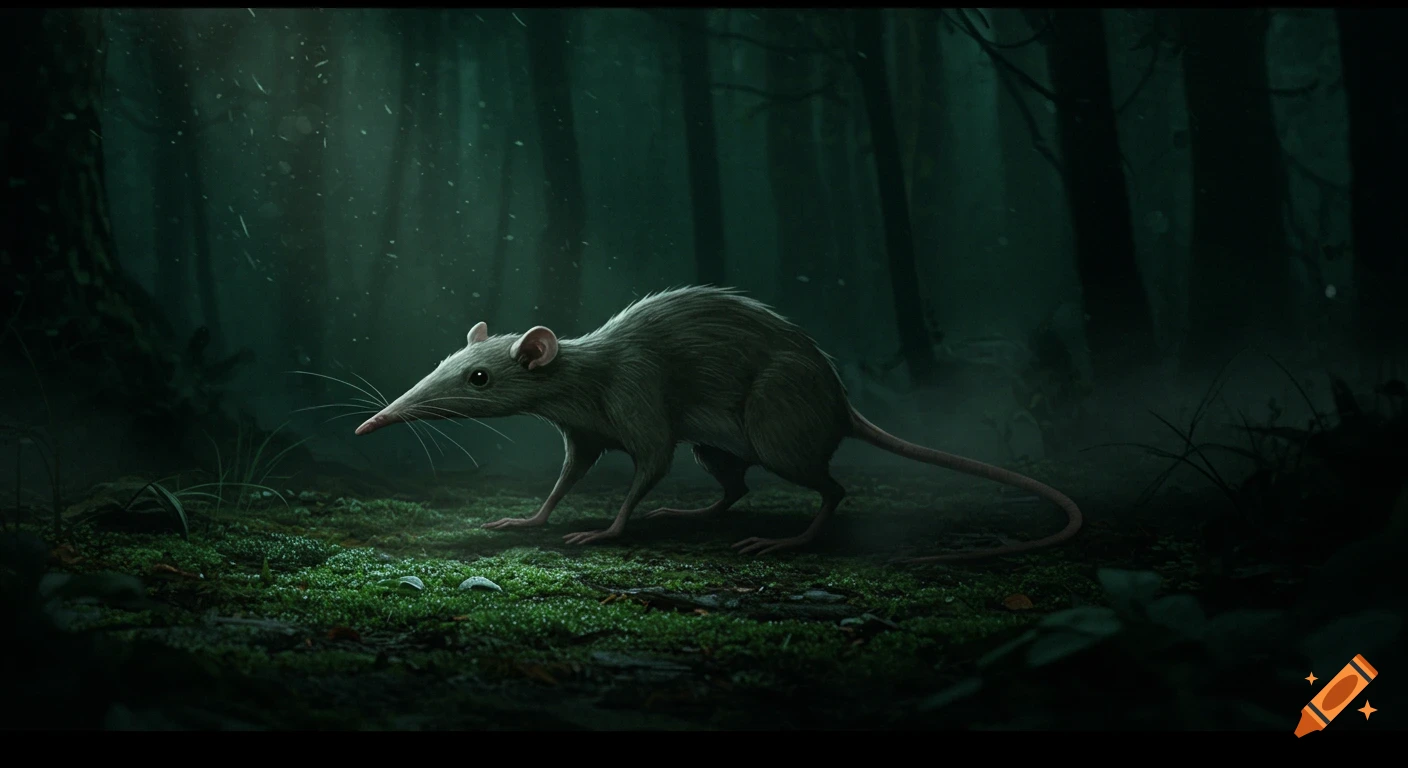 A long-snouted, grey rat-like creature with large ears walks across a ...