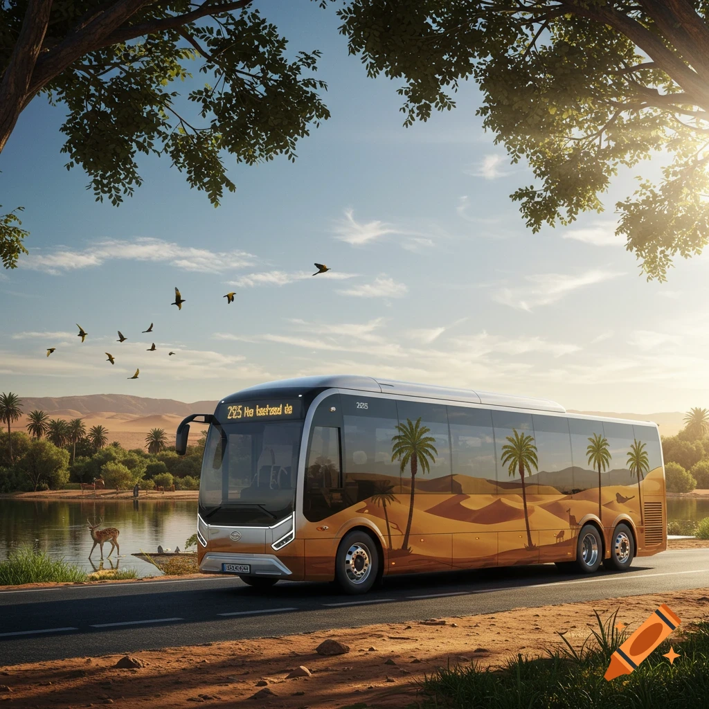 A modern public transportation bus drives on a desert road next to a ...