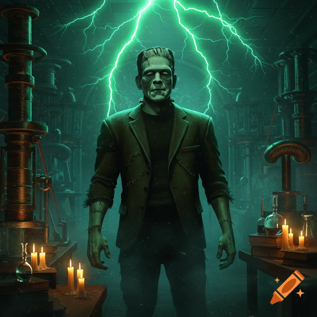 Frankenstein's monster stands in a dark, green-lit laboratory with ...