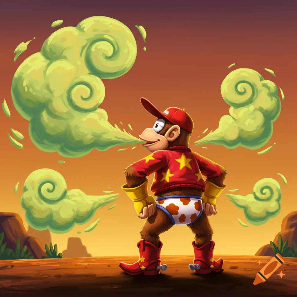 Cartoon Diddy Kong, seen from behind with hands on hips, farting green ...