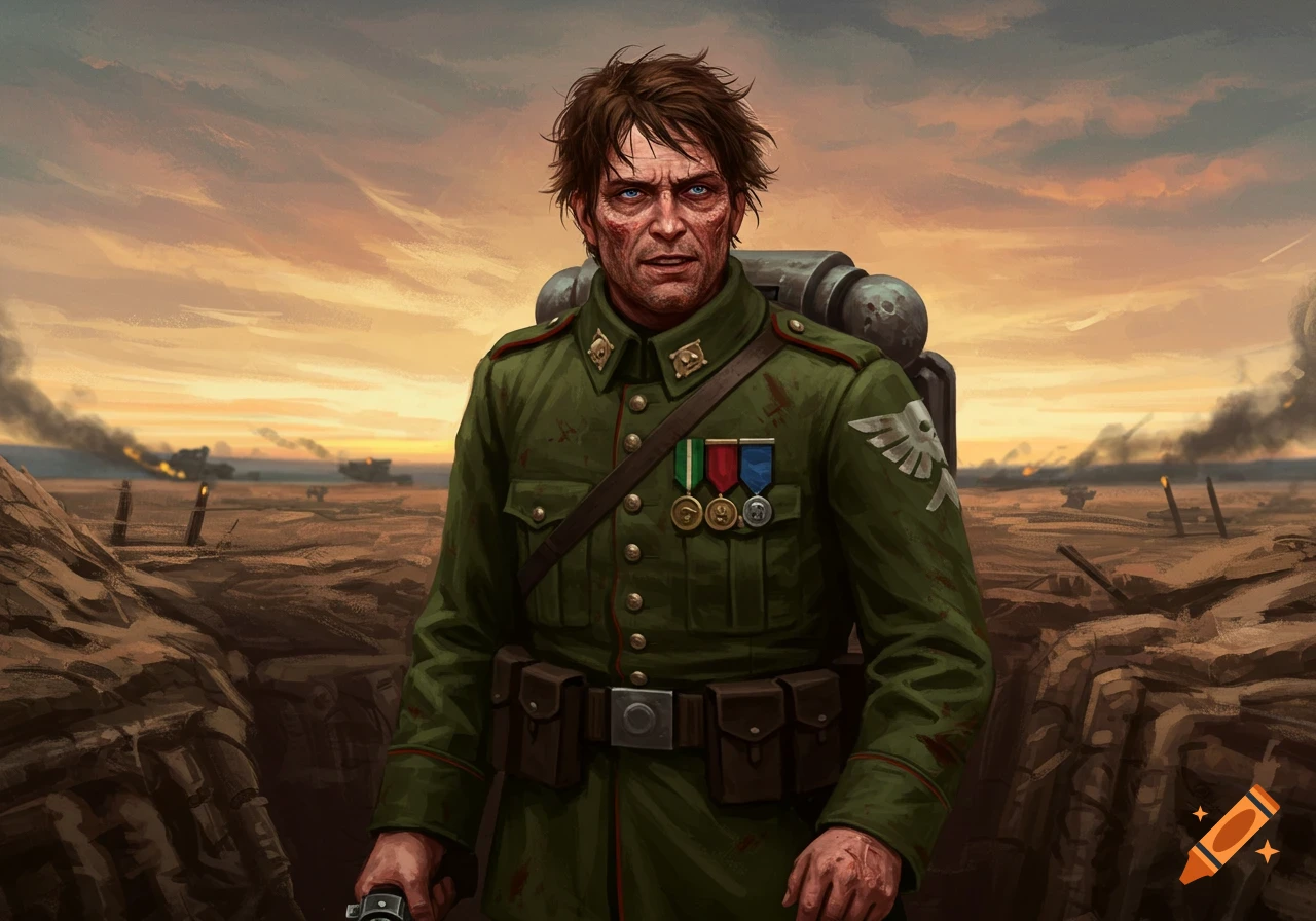 A grimdark digital painting of a weary male Imperial Guardsman with ...