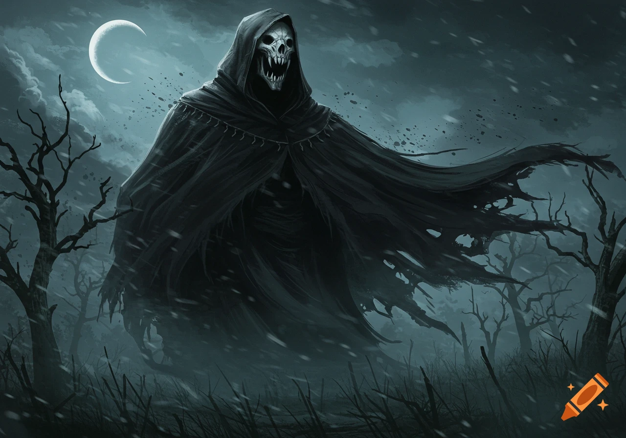 A dark, hooded grim reaper with a fanged skull face stands in a snowy ...