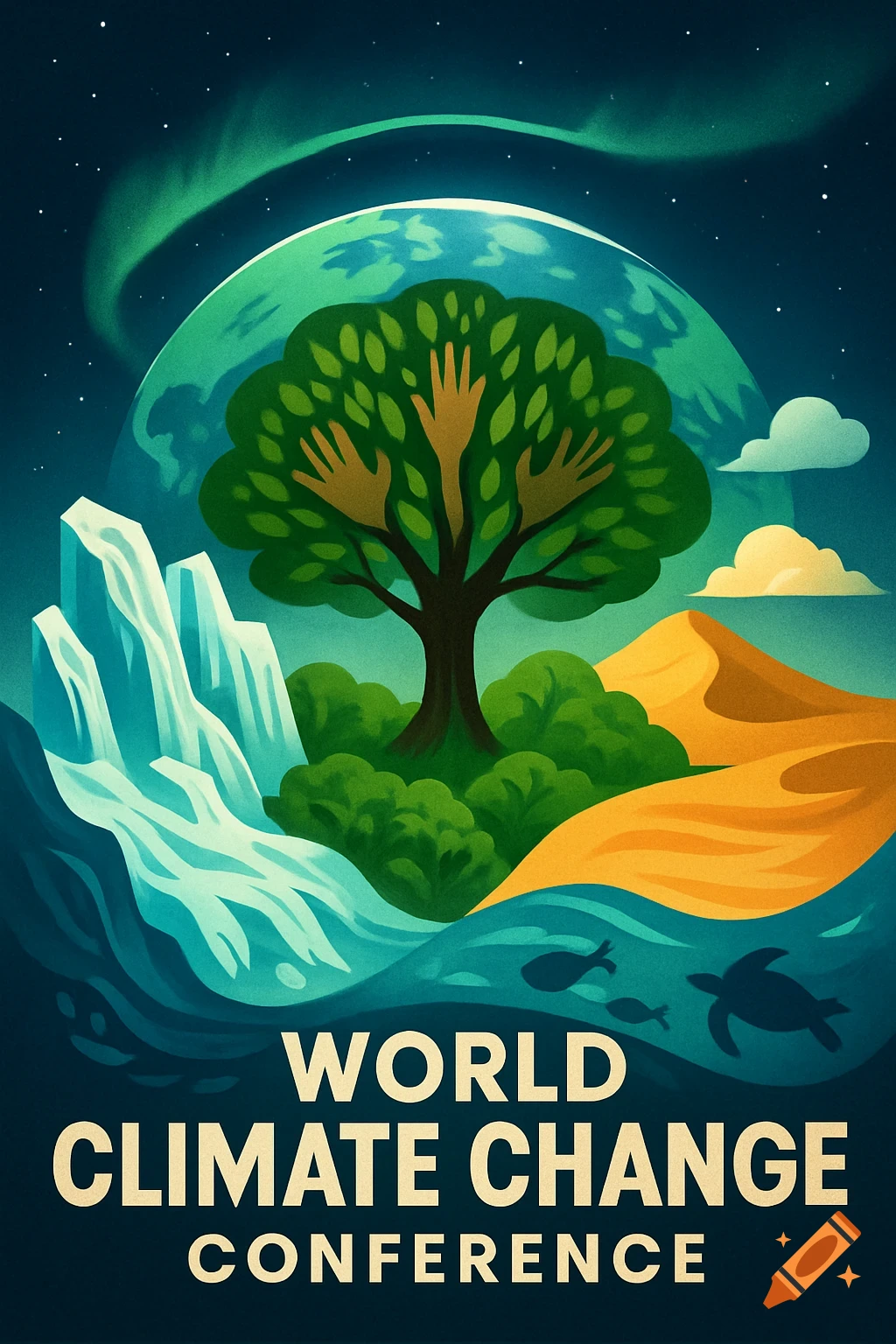 Illustrative poster for World Climate Change Conference featuring a ...