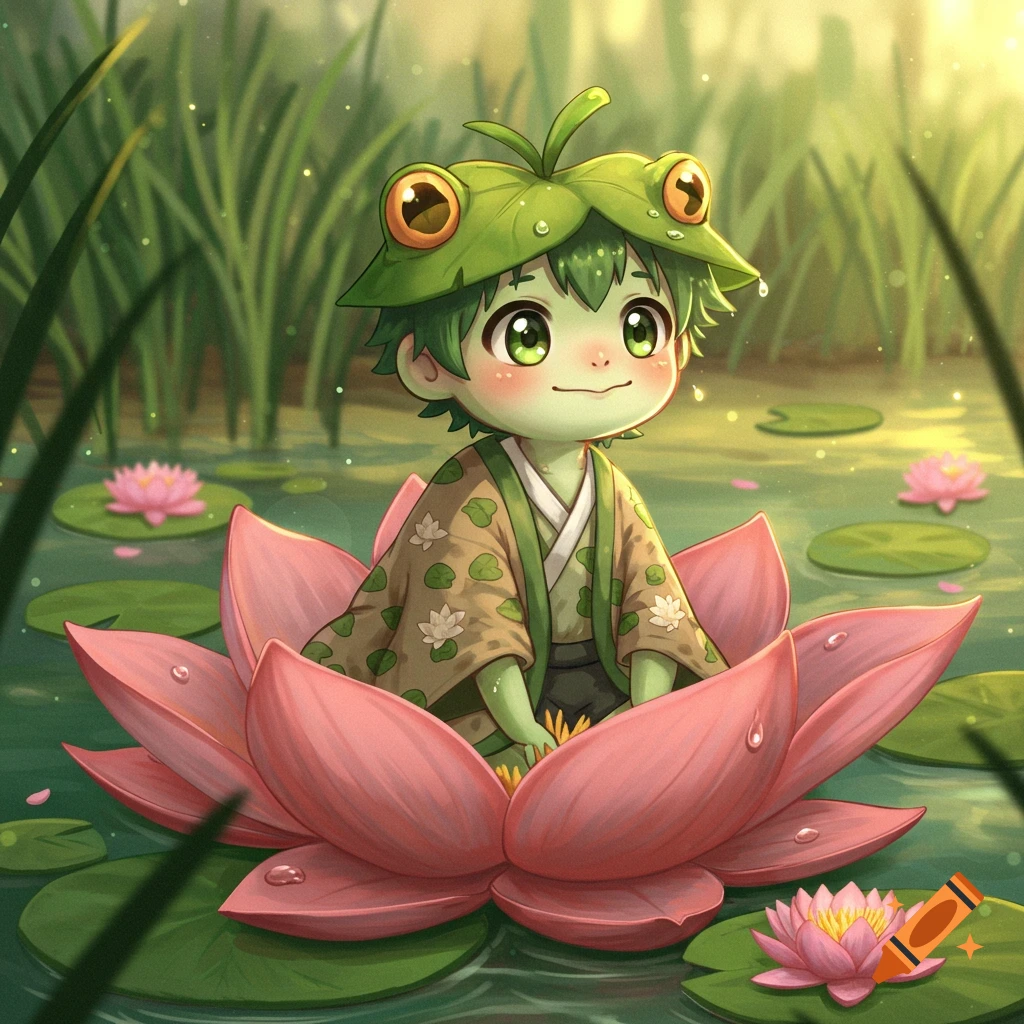 A cute anime frog boy with green skin and hair, wearing a leaf hat and ...