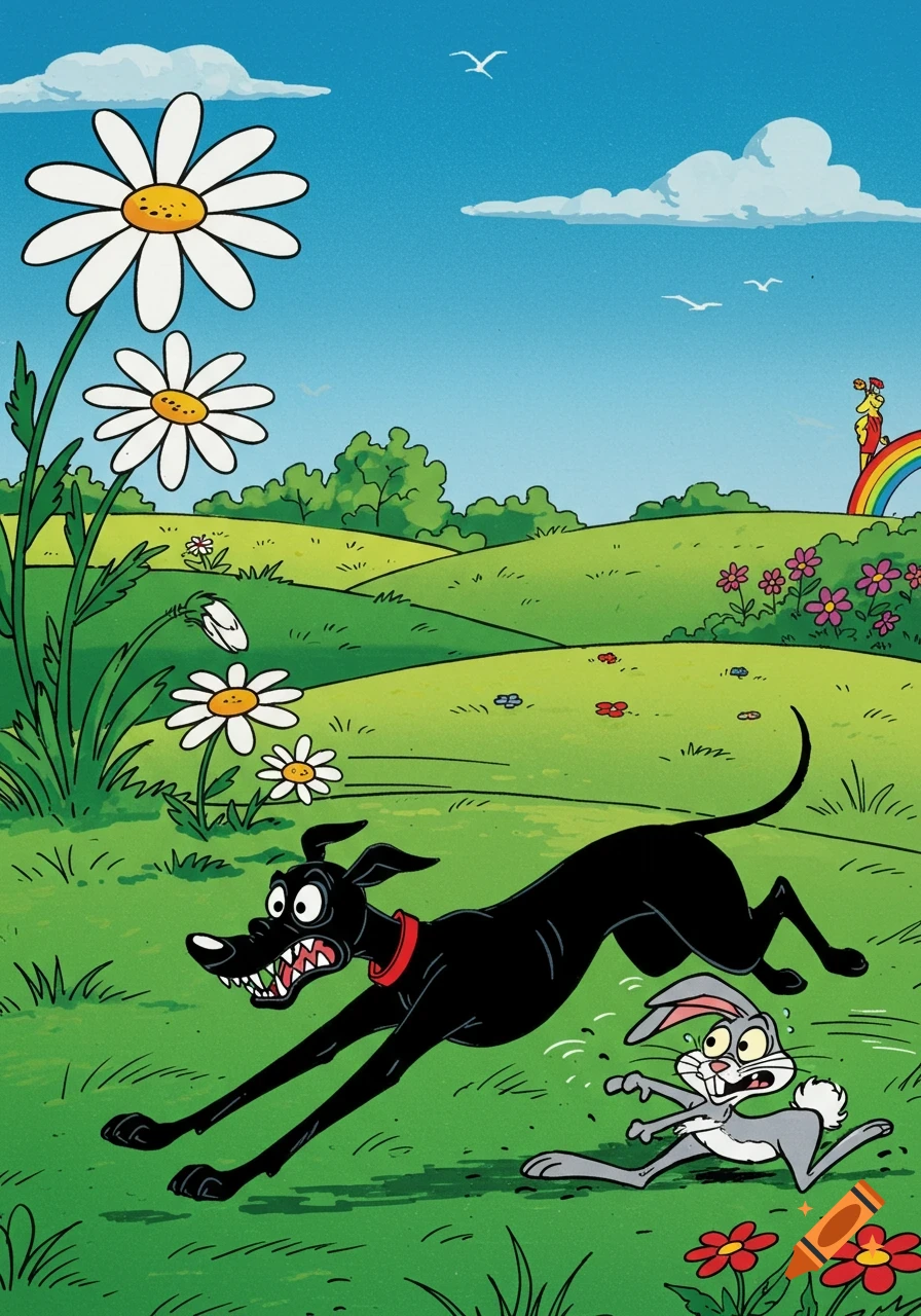 A Hanna-Barbera style cartoon of a black lurcher dog with sharp teeth ...
