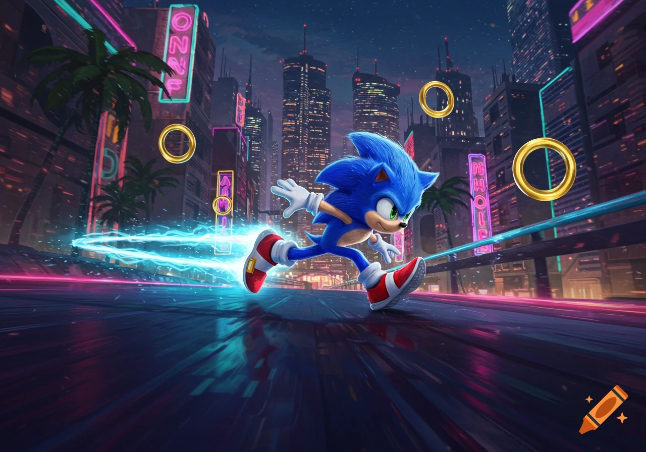 Sonic the Hedgehog runs through a neon-lit futuristic city with golden ...