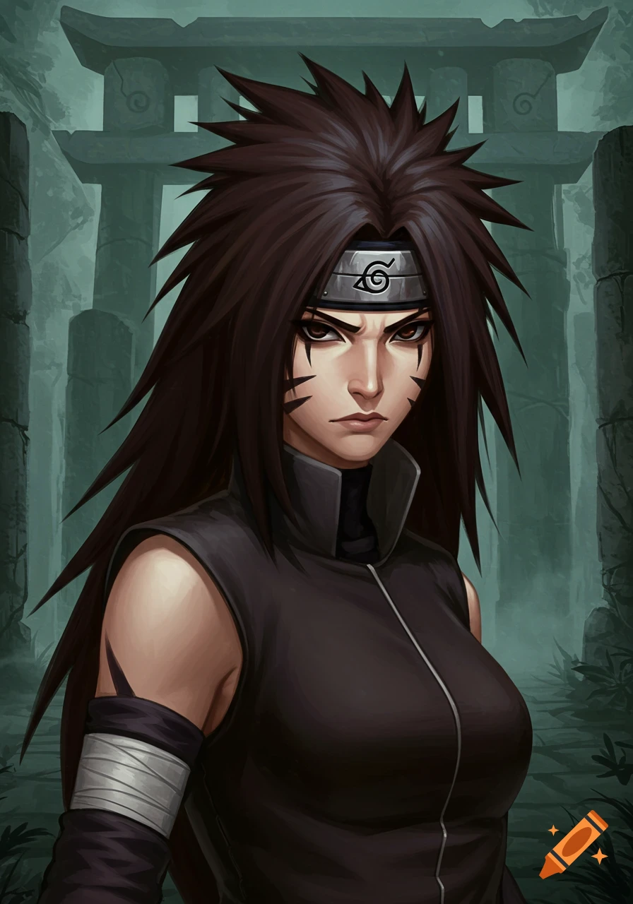 An anime ninja girl with spiky dark hair and a headband stands in a ...