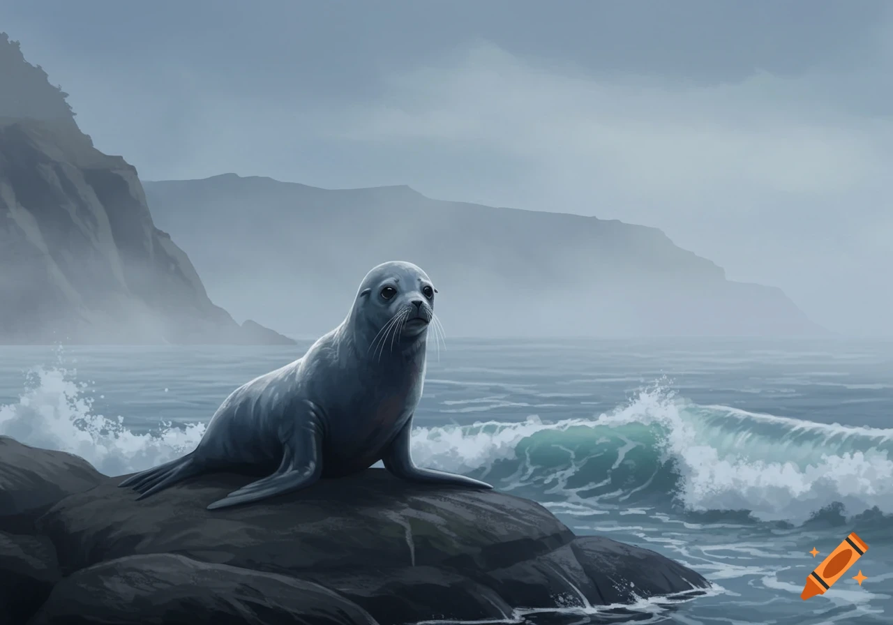 A sad-looking seal sits on dark rocks by the ocean, with misty ...