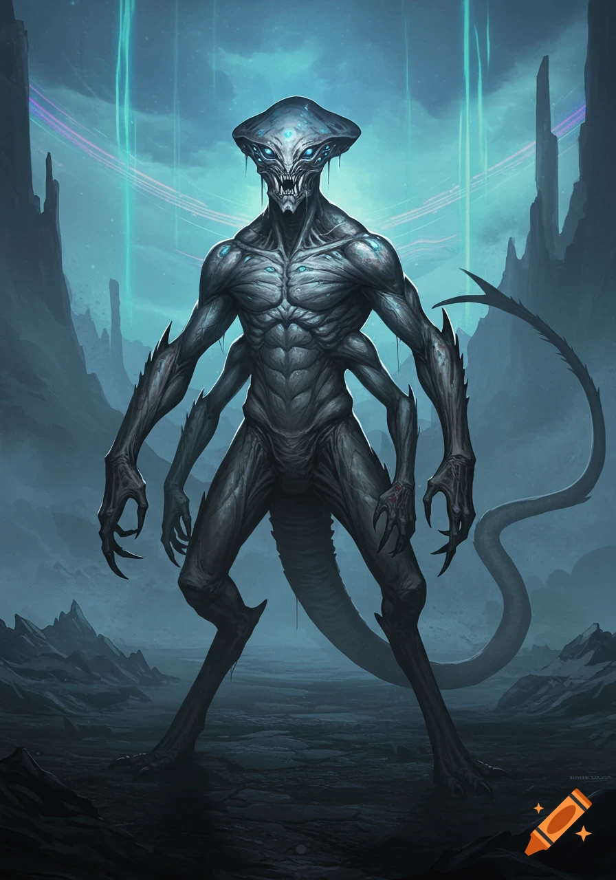A dark grey, multi-limbed alien creature with icy blue eyes, sharp ...