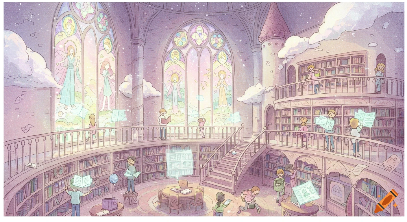 A whimsical cartoon elementary school library filled with children ...