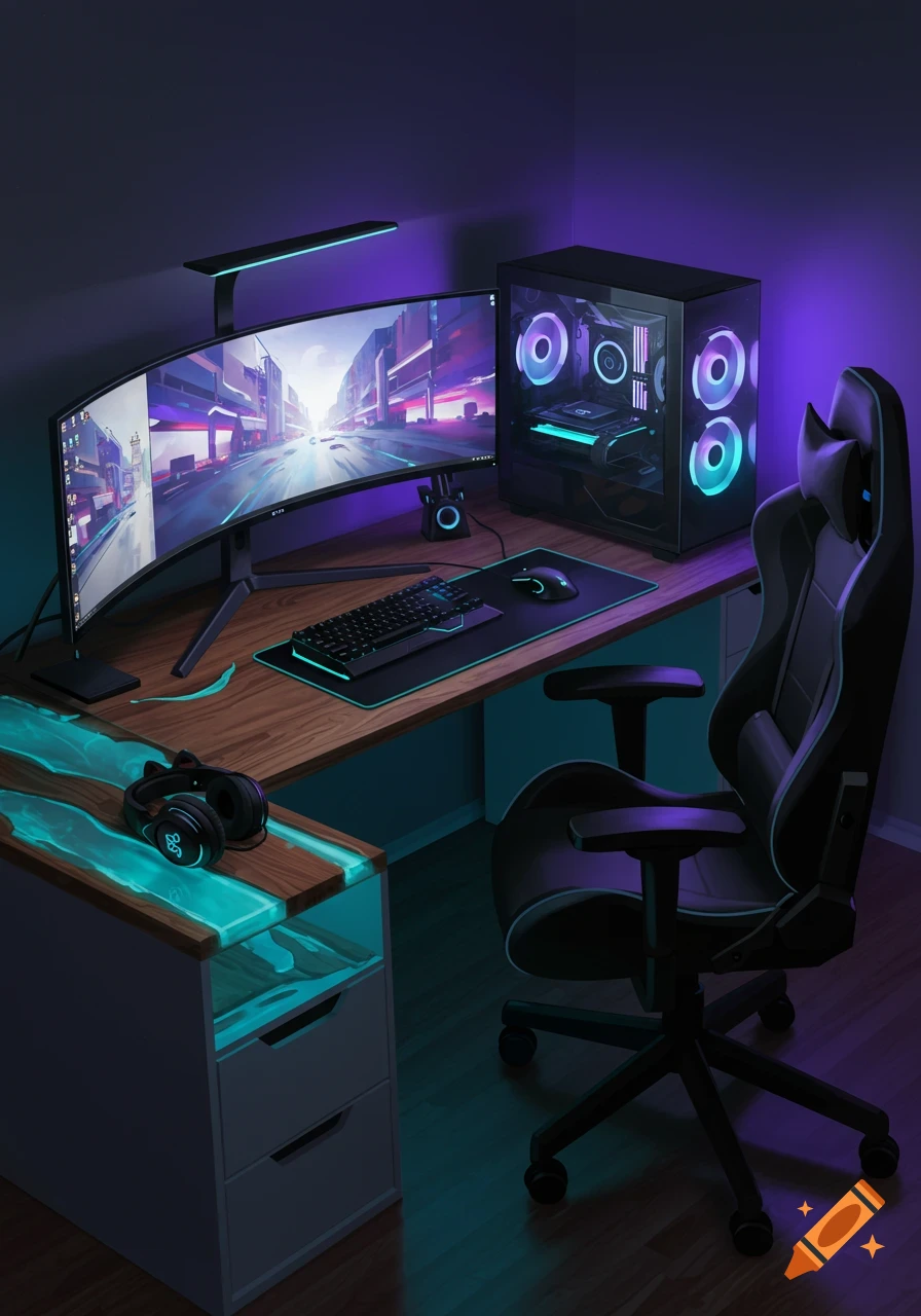 A gaming computer setup with violet and aqua lights, a curved monitor ...