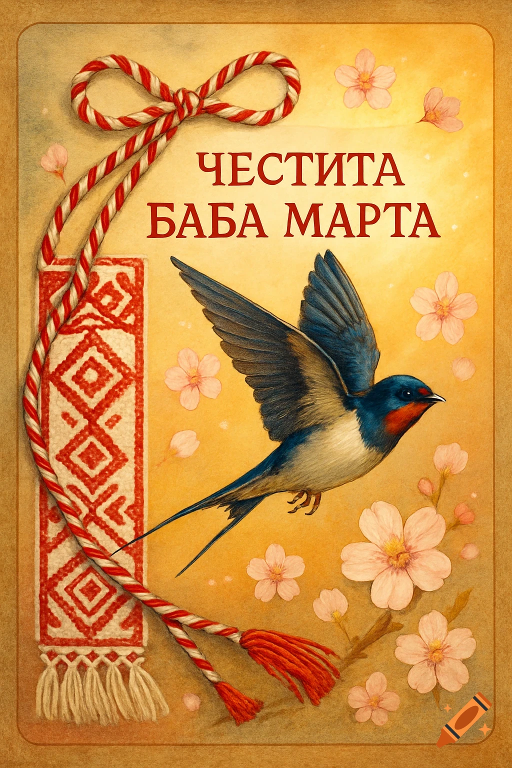 A colorful greeting card with a red and white martenitsa, a flying ...