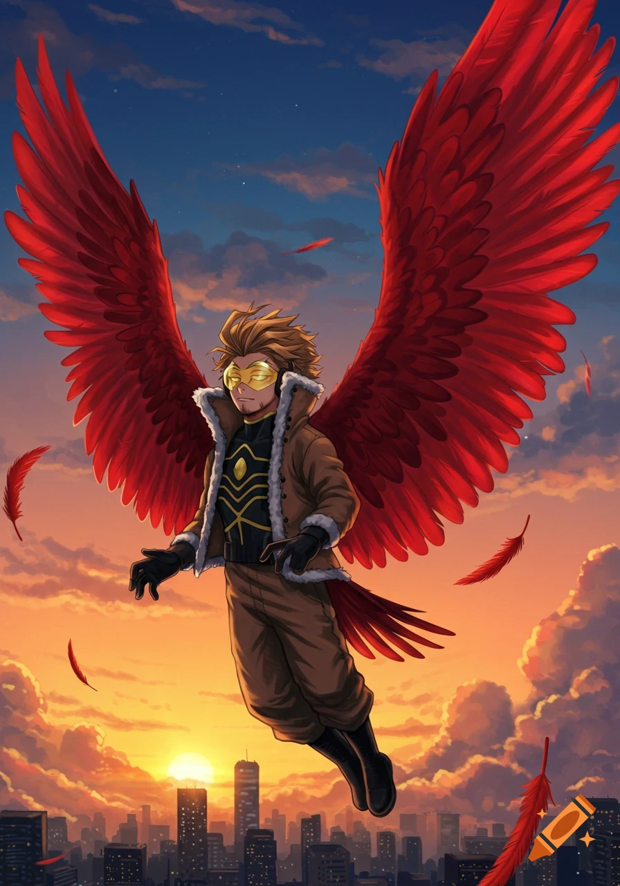 Anime character Hawks from My Hero Academia flying high over a city ...