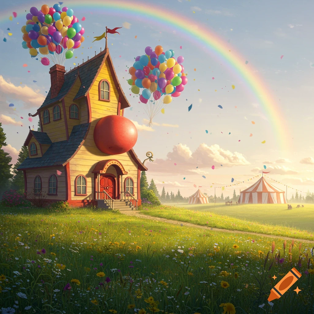 A whimsical clown house with a red nose, colorful balloons, and ...