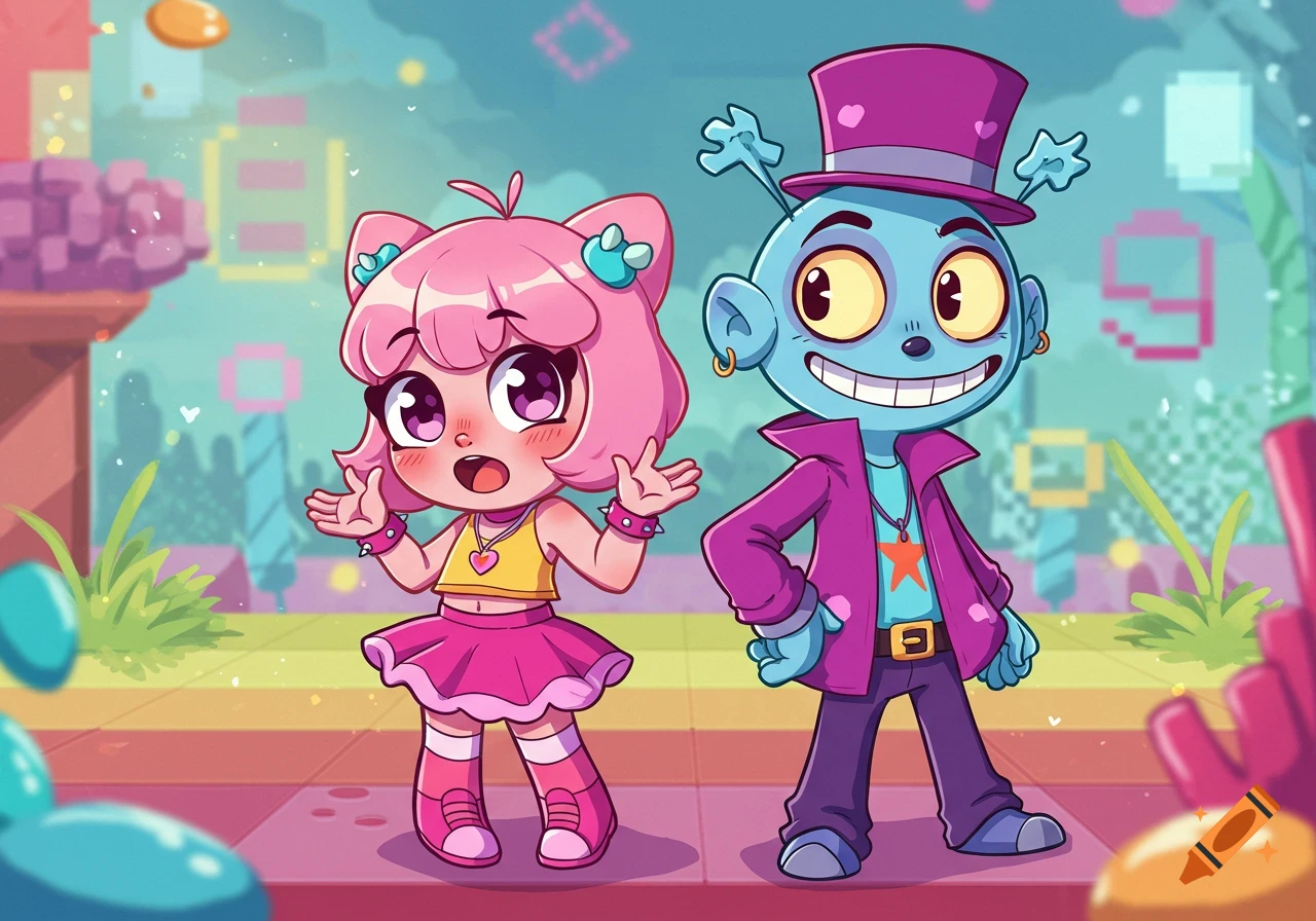 A pink-haired chibi girl and a blue monster-like character in a top hat ...