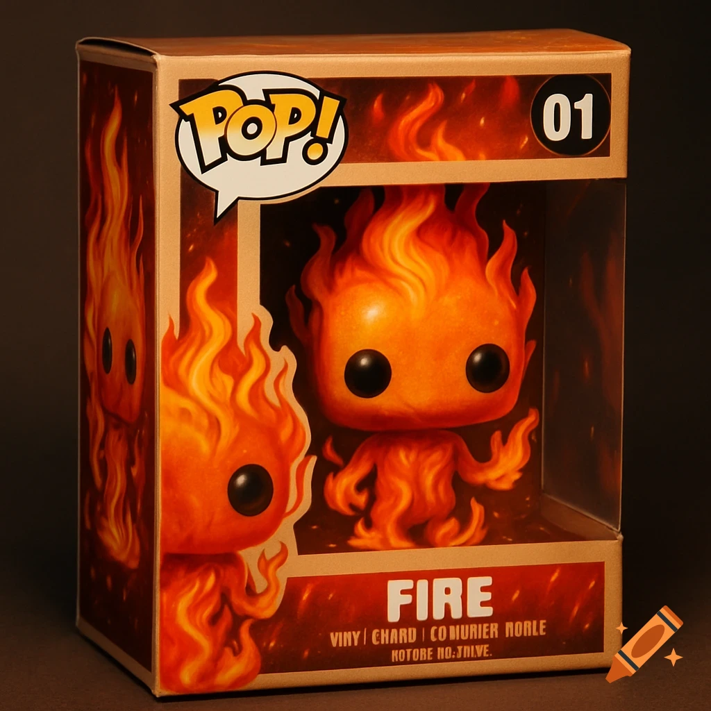 A Funko Pop figure of the element of fire, an orange creature with ...