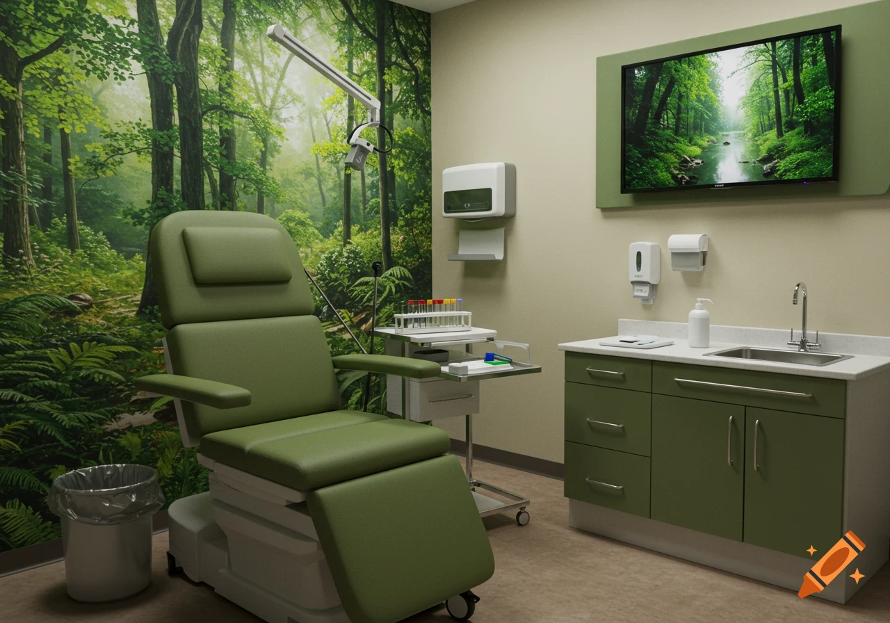 A modern blood collection room with a green reclining chair, nature ...