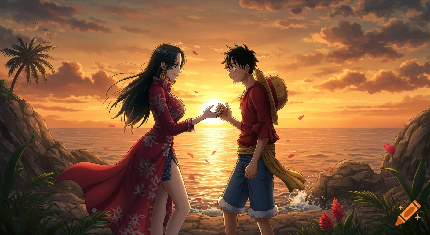 Anime characters Hancock and Luffy hold hands on a tropical beach at a ...