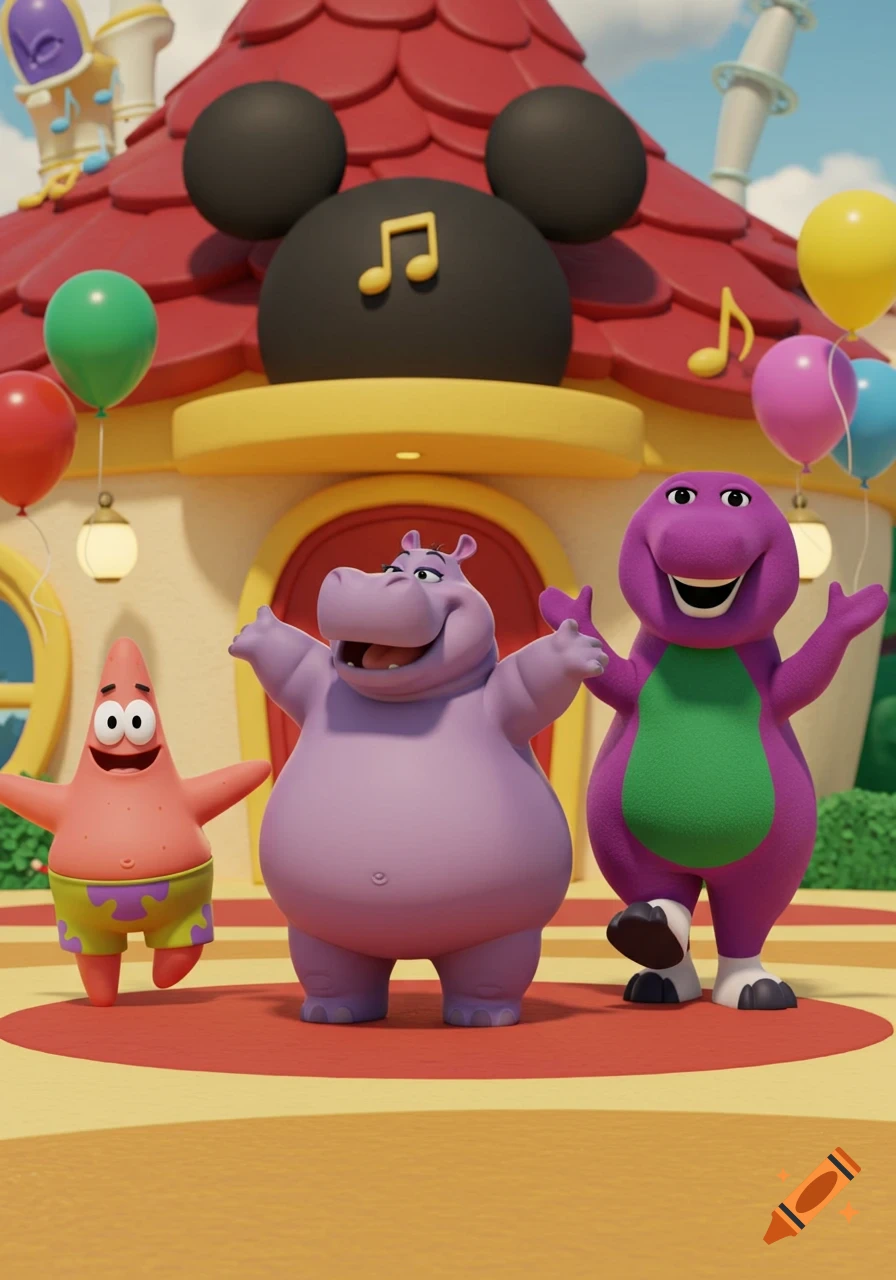 Patrick Star, a purple hippo, and Barney pose smiling in front of a ...