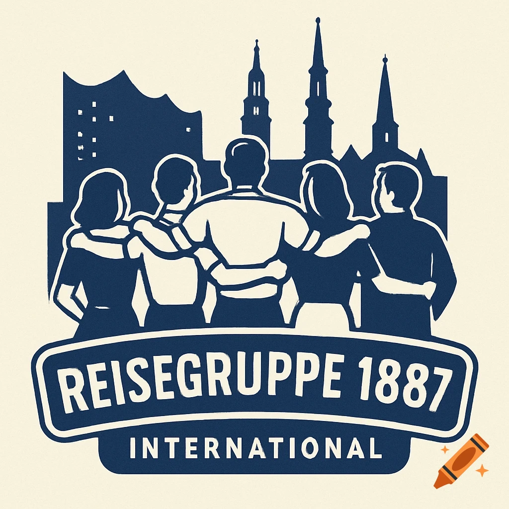 A 1950s-style blue and white logo showing five people from behind, arms ...