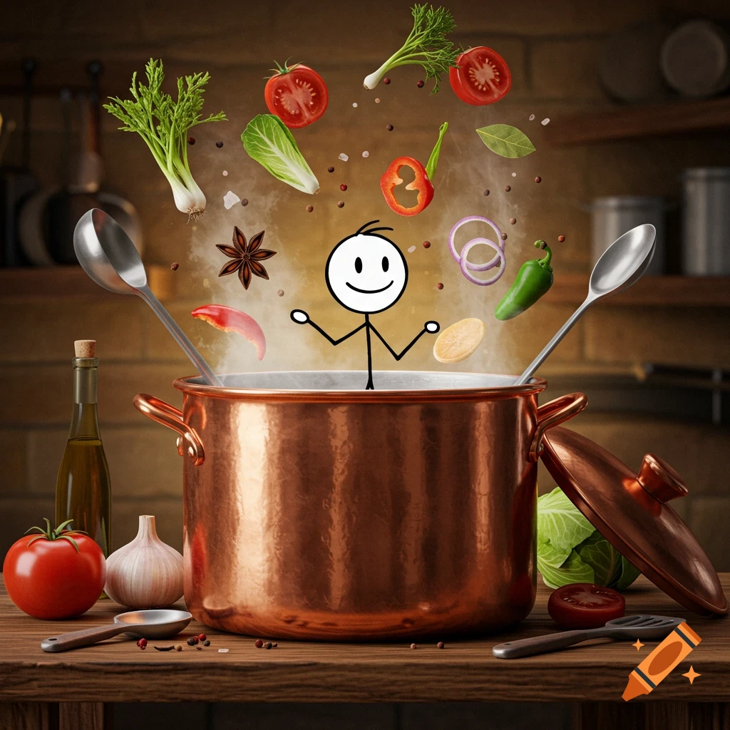 A cartoon stick figure stands in a copper cooking pot, surrounded by ...