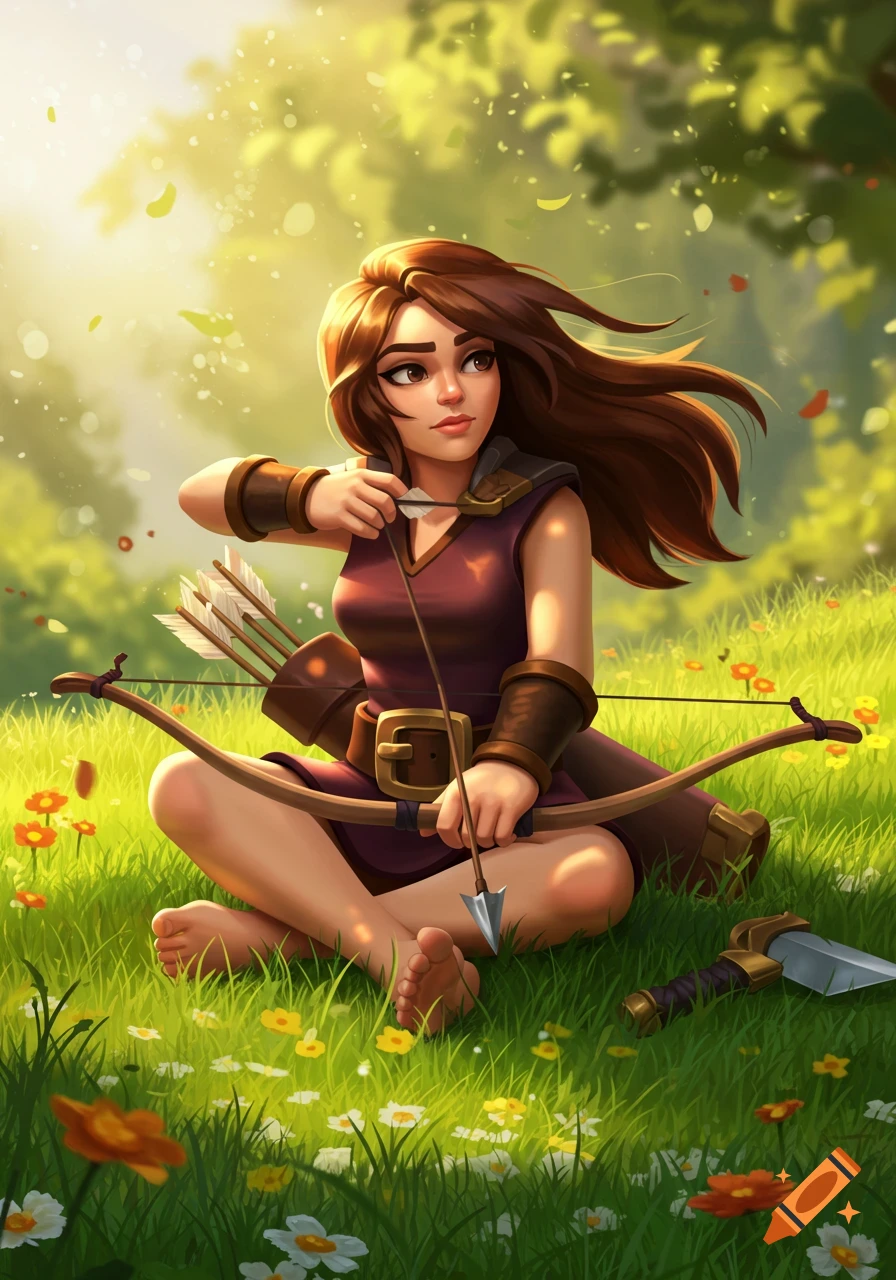 A stylized cartoon female archer with long brown hair sits barefoot in ...