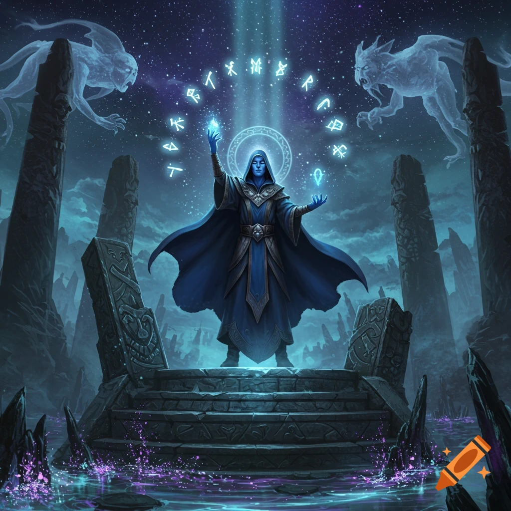 A blue-skinned mage in dark robes stands on stone steps in a mystical ...