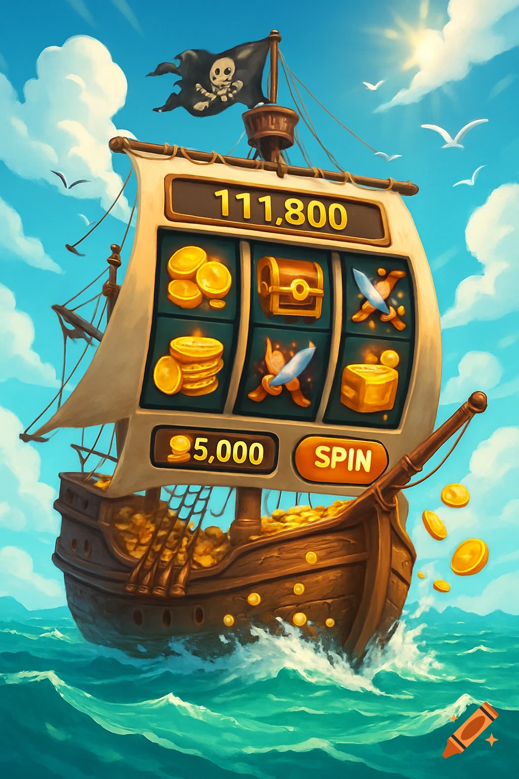 Cartoon pirate ship designed as a slot machine, sailing on turquoise ...