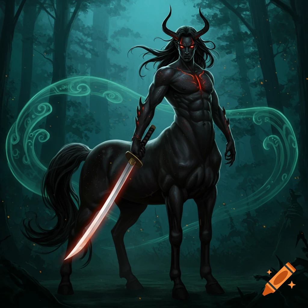 A dark fantasy illustration of a horned black centaur with red glowing ...