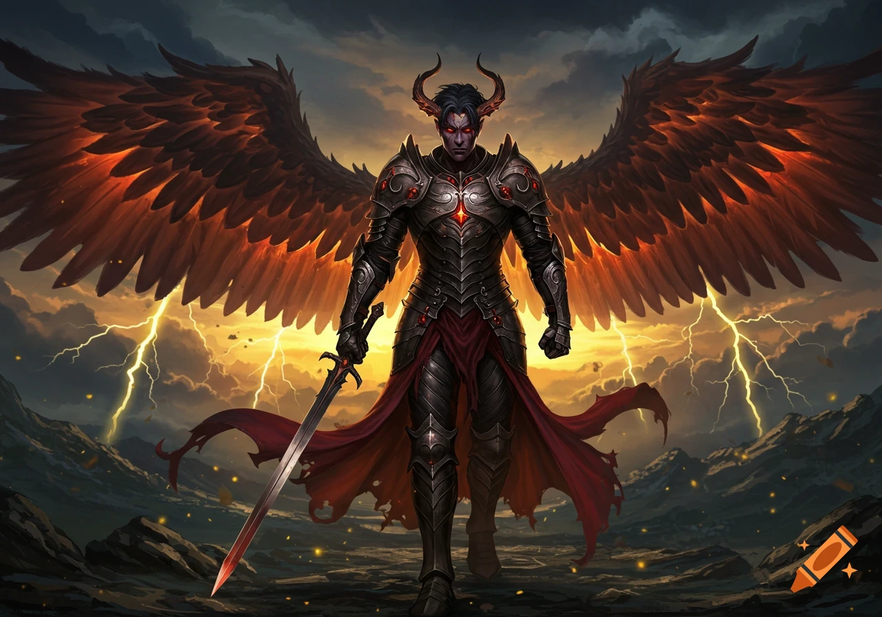 A powerful fallen angel in dark armor with glowing red eyes and large ...