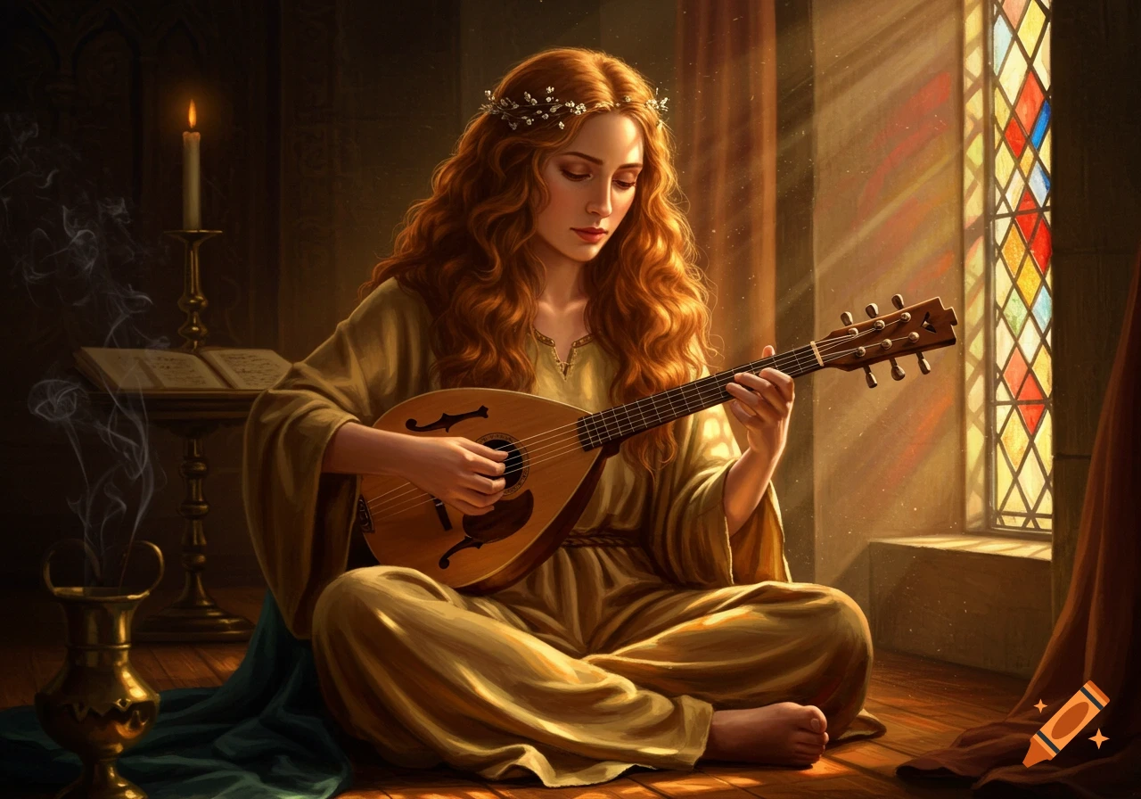 A long-haired woman in a flowing gown plays a mandolin, bathed in ...