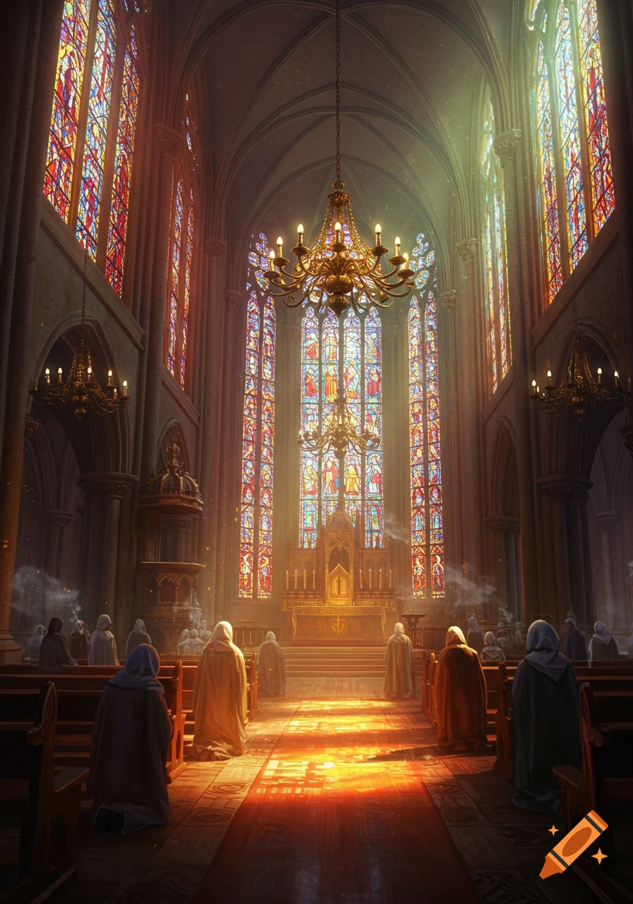 A grand cathedral interior with colorful stained glass windows, a ...