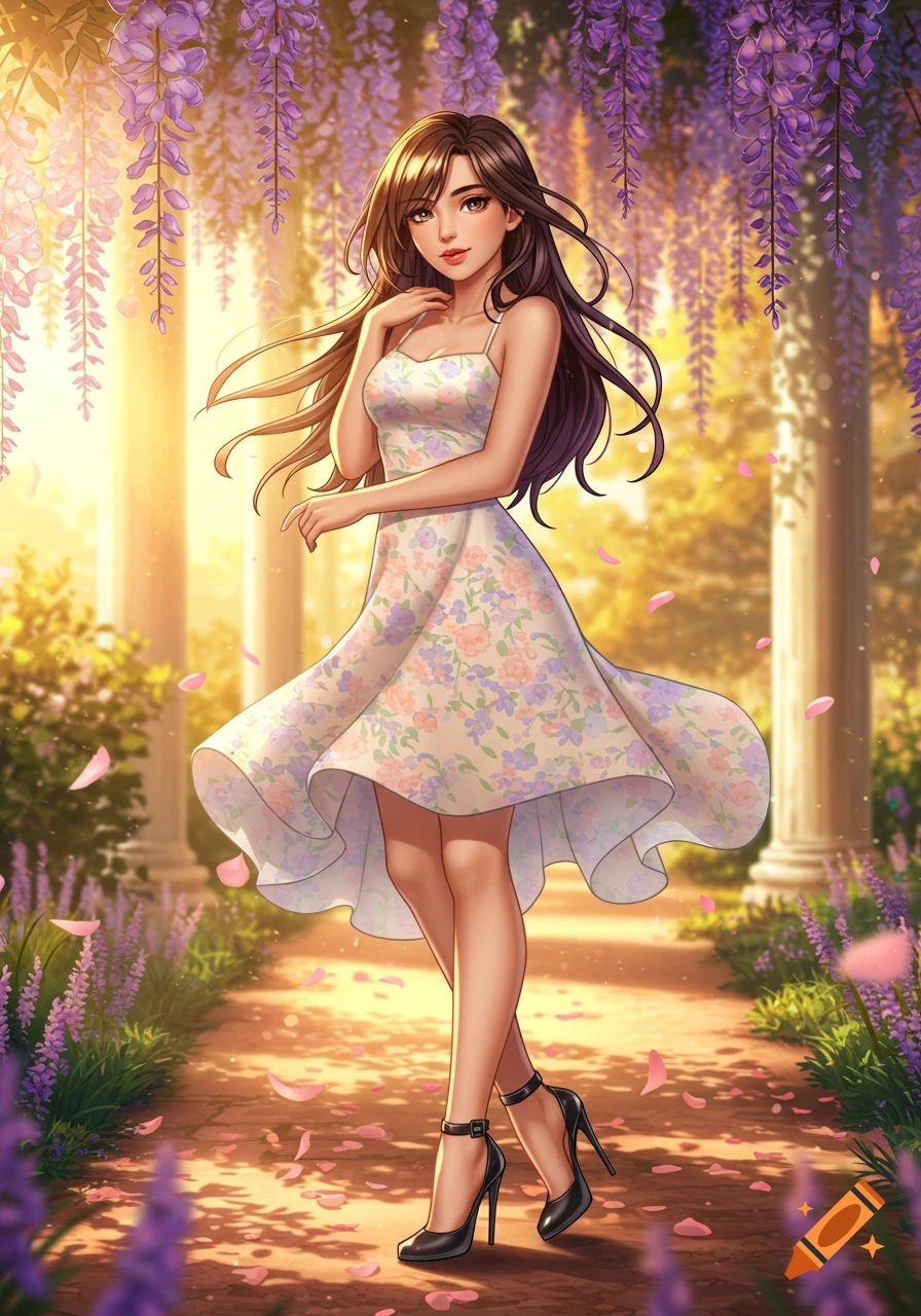 Anime woman with brown hair in a floral sundress and black heels stands ...