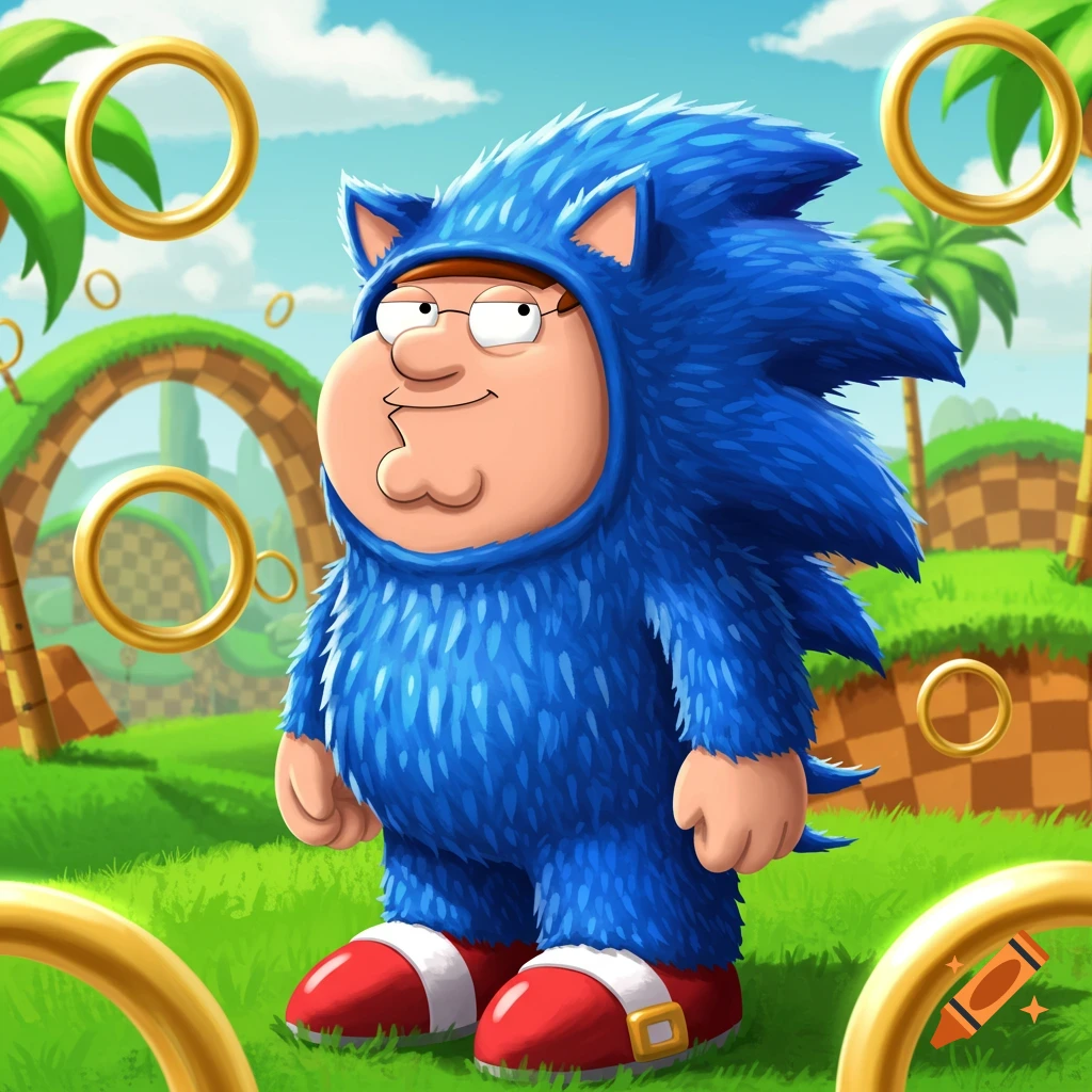Peter Griffin in a blue Sonic the Hedgehog costume with spiky fur and ...