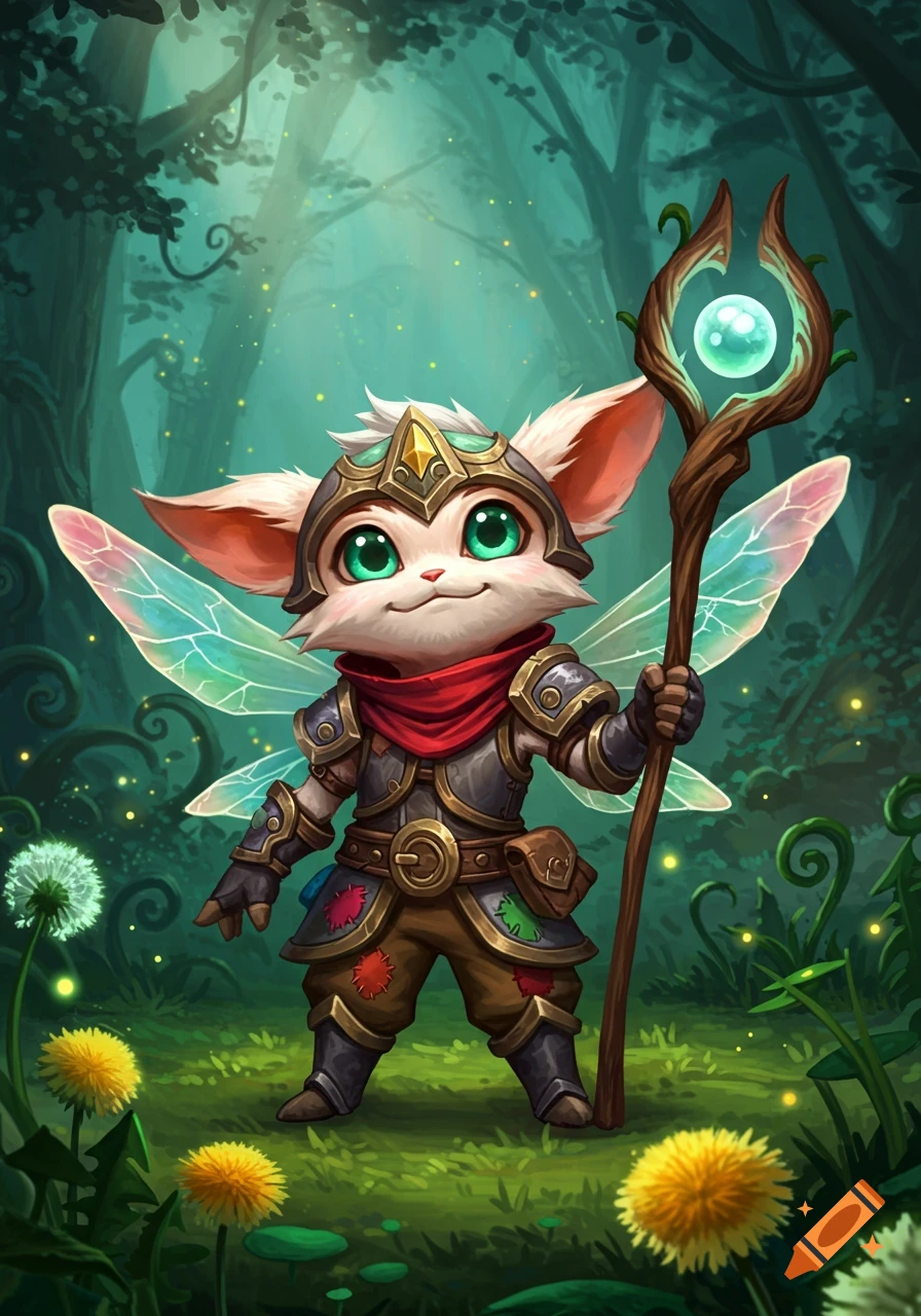 A cute, winged fantasy creature with big green eyes and armor holds a ...