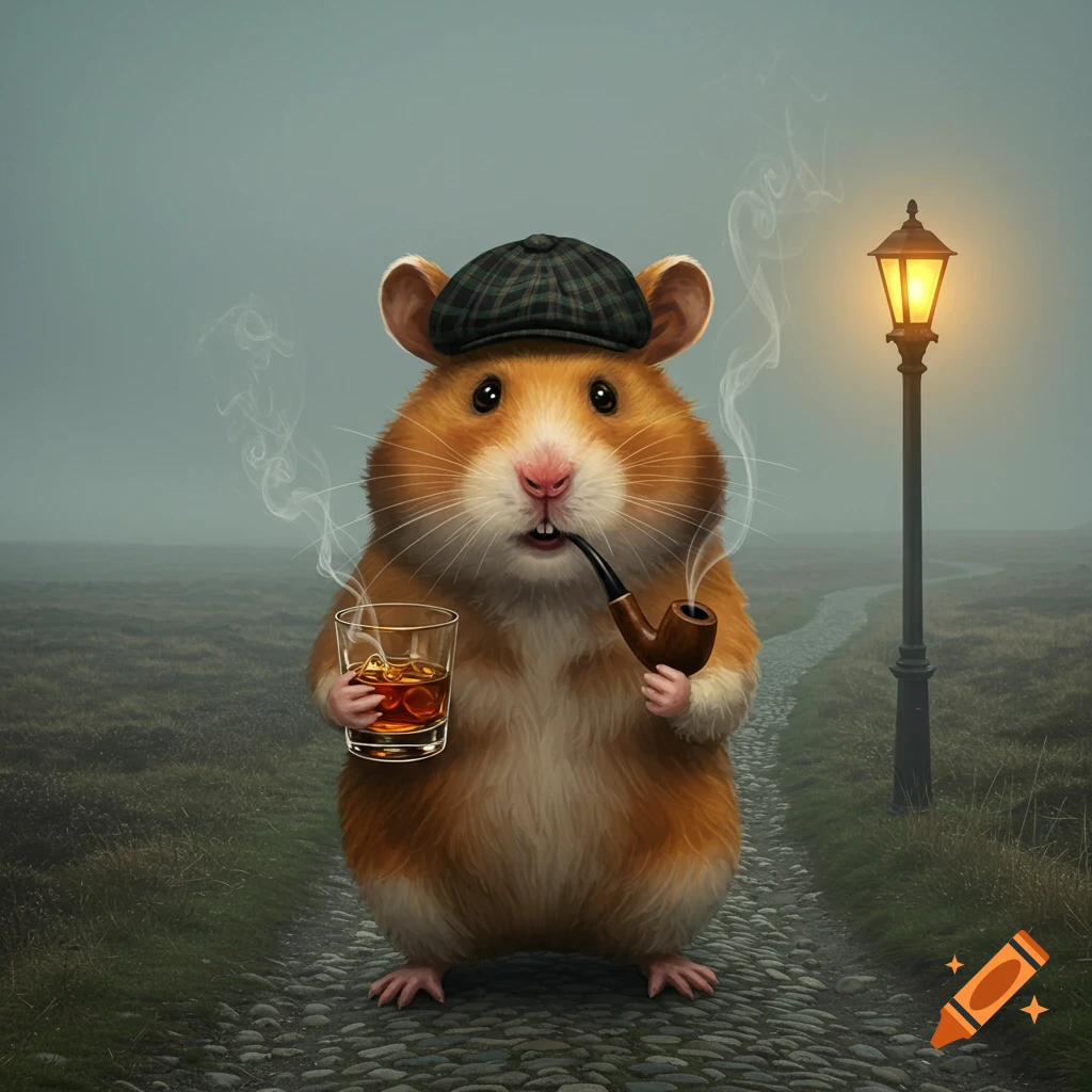 A human-sized hamster in a plaid flat cap holds a glass of whiskey and ...