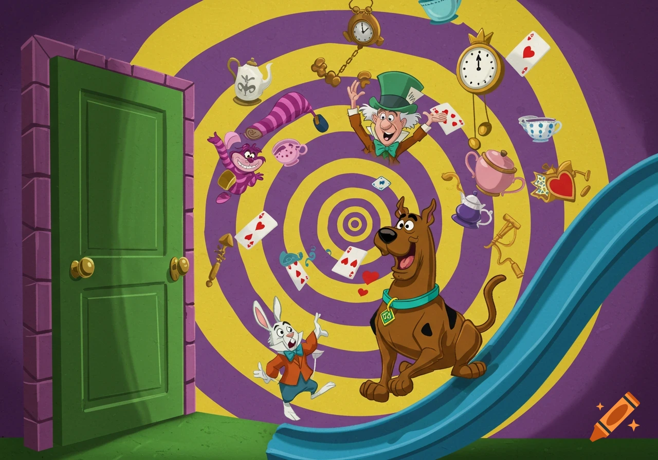 A vibrant cartoon of Scooby Doo, the Mad Hatter, Cheshire Cat, and ...